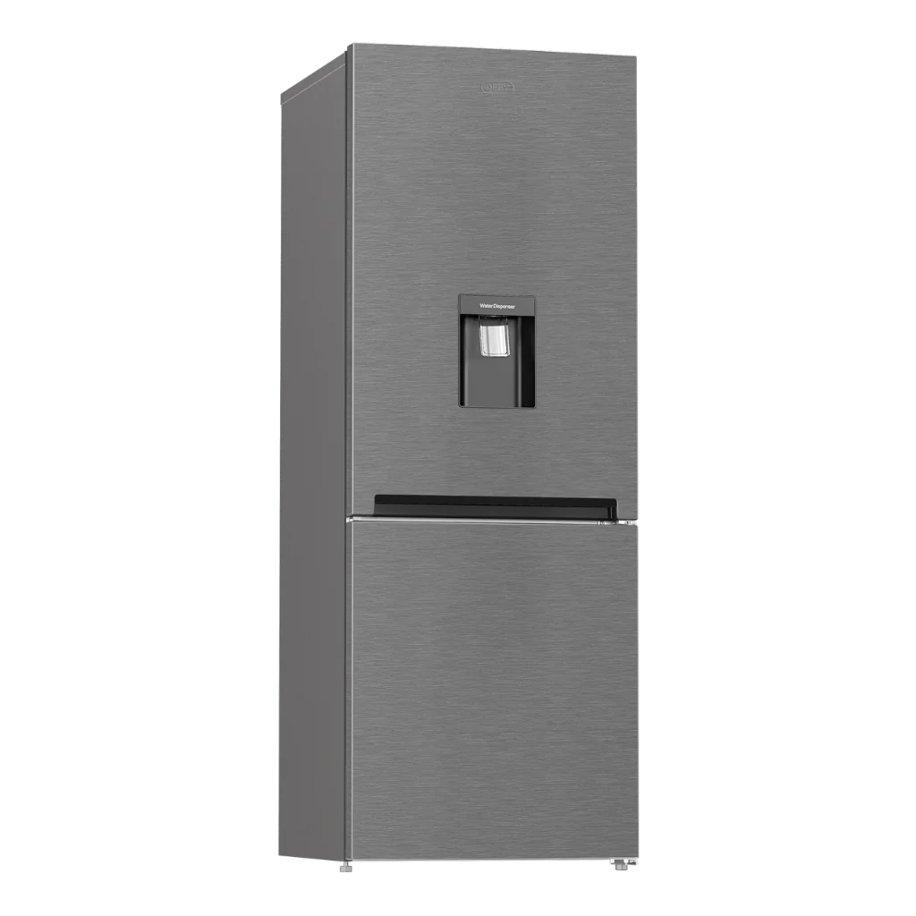 Defy 301L Satin Metallic Combi Fridge/Freezer with Water Dispenser Angle