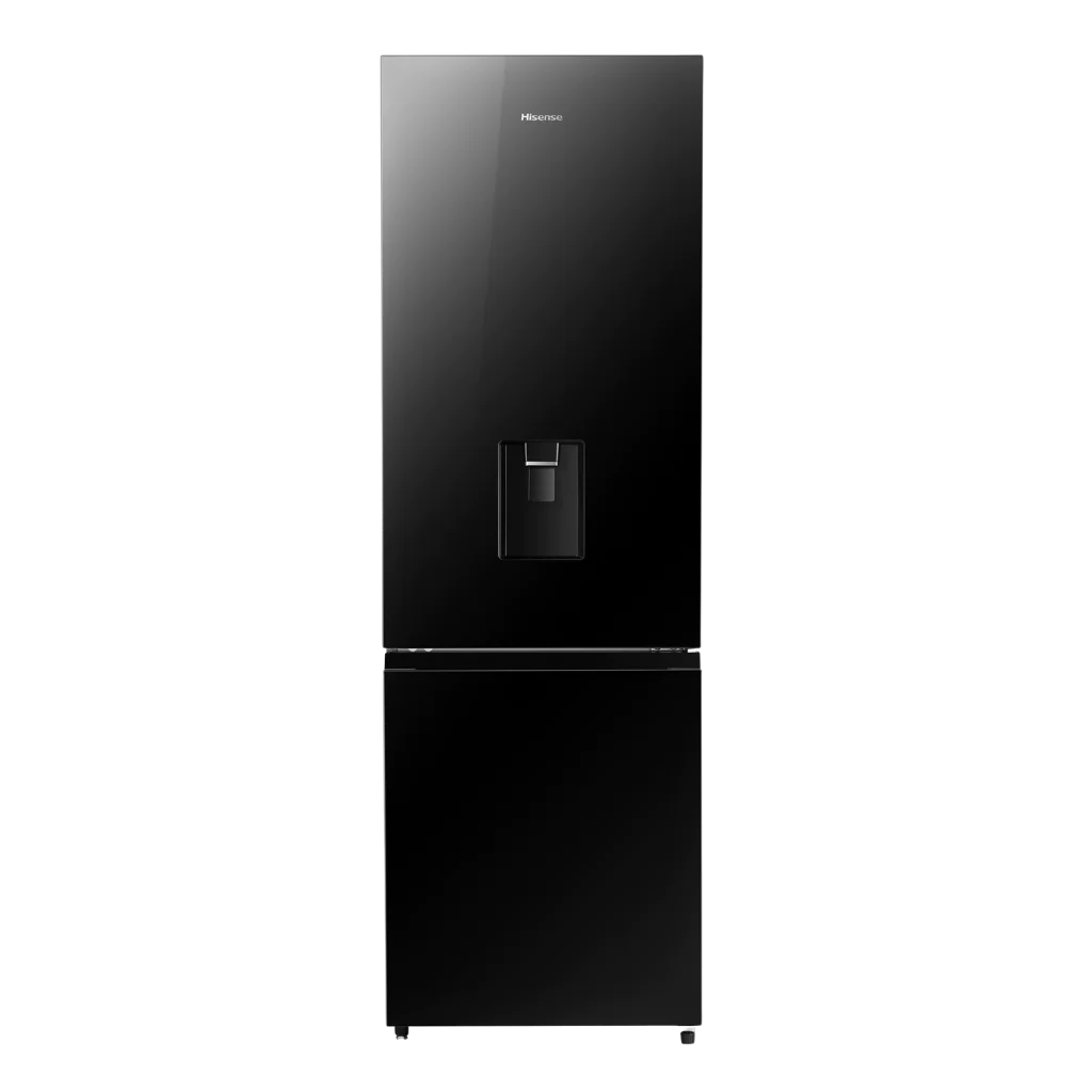 Hisense 347L Black Mirror Combi Fridge/ Freezer with Water Dispenser front