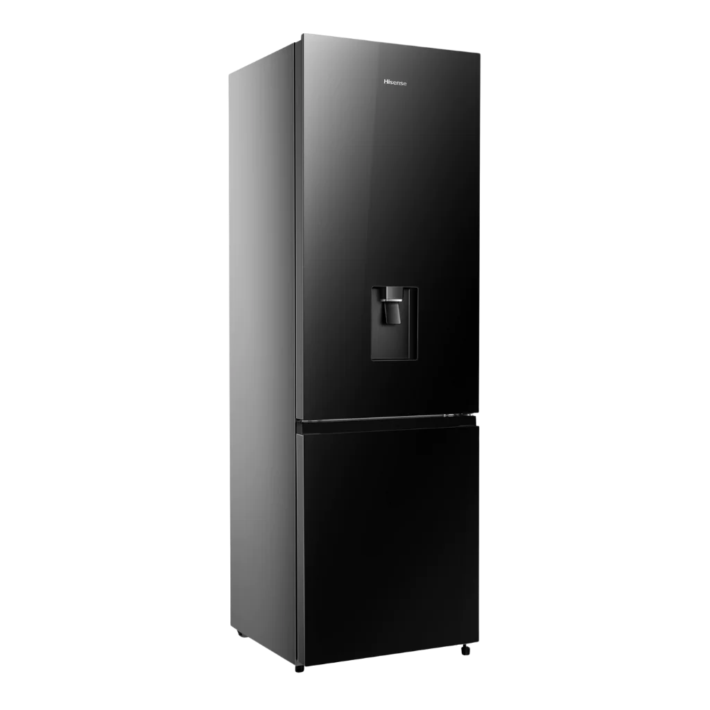 Hisense 347L Black Mirror Combi Fridge/ Freezer with Water Dispenser angle