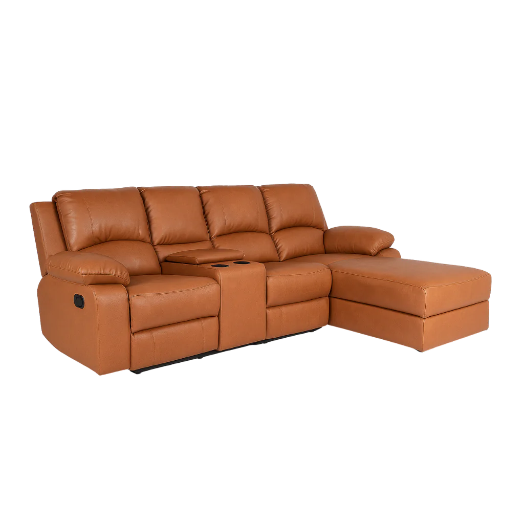 Lyla Embossed Toffee 3 Div 1 Action Leather Look Couch with Console and ...