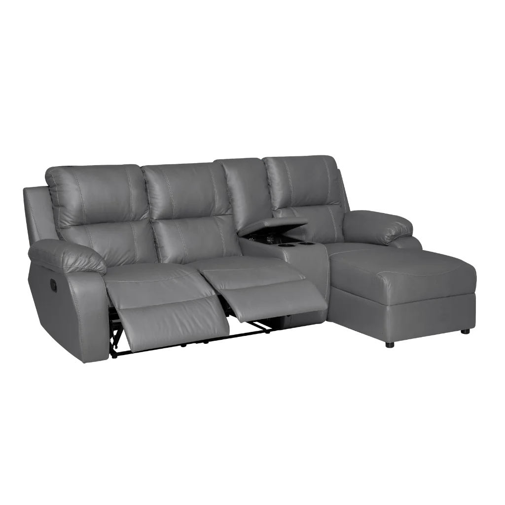 Lyla Embossed Grey 3 Div 2 Action Leather Look Couch with Console